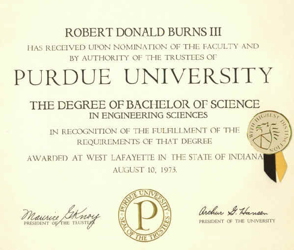 B. S. Degree from Purdue B. S. Degree from Purdue
